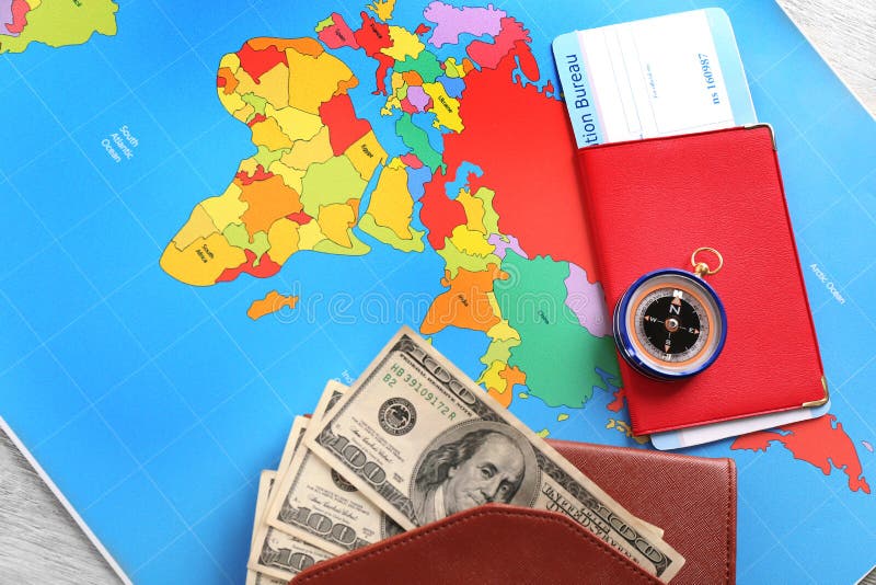 Composition with World Map, Money and Passport on Table. Travel Concept ...