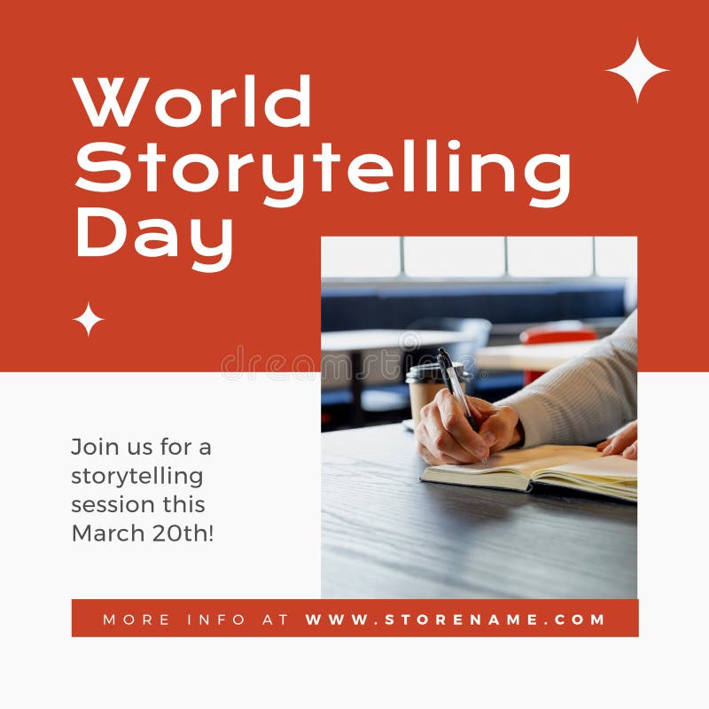 Composition of World Storytelling Day Text with Hand of Woman Writing ...