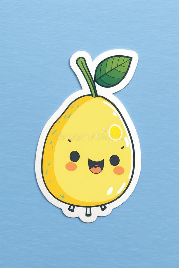 Composition of Yellow Kawaii Cartoon Pear Sticker on Blue Background ...