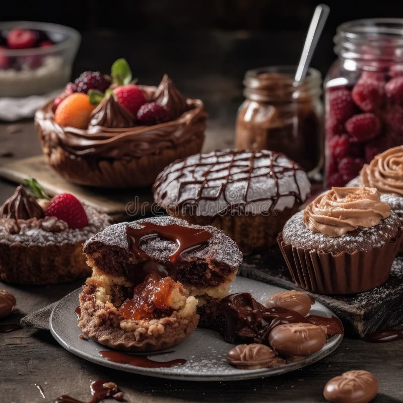 Compositions of Desserts. Selection of Cupcakes on the Table Stock ...