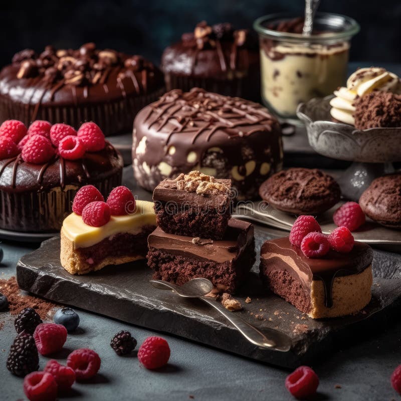 Compositions of Desserts. Selection Miniature Cakes on the Table Stock ...