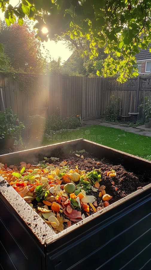 Compost Bin Filled with Fresh Fruit and Vegetable Scraps in a Sunny ...