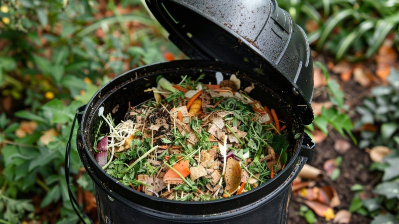 A Compost Bin with an Open Lid Revealing a Mixture of Vegetable Scraps ...