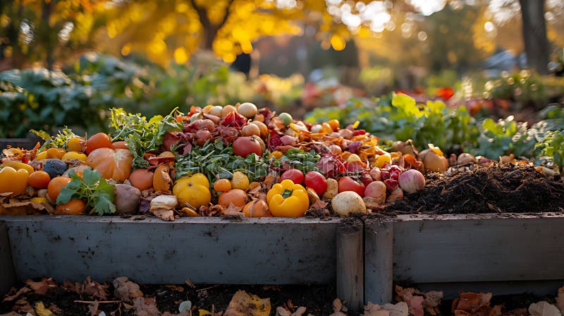 A Compost Bin Overflowing with Autumn Vegetables, Leaves, and Fruit in ...