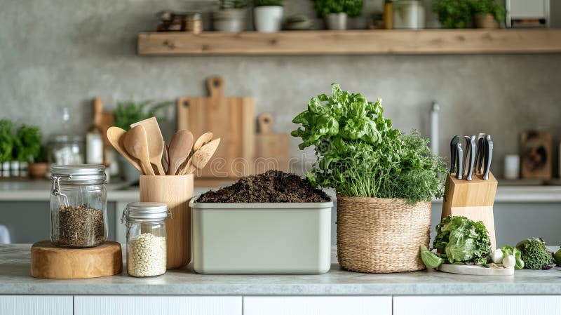 Compost Bin and Recycled Materials on a Kitchen Counter. Stock Image ...