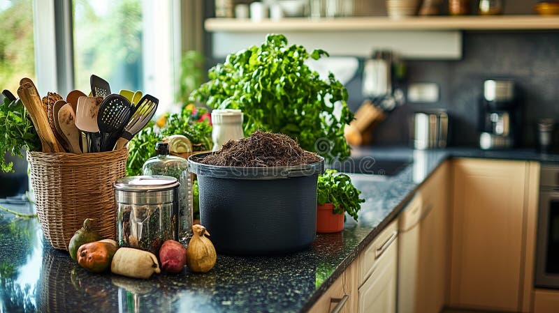 Compost Bin and Recycled Materials on a Kitchen Counter. Stock Photo ...