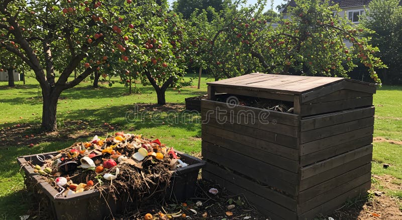 Compost Bins in Orchard with Fruit Trees Stock Illustration ...