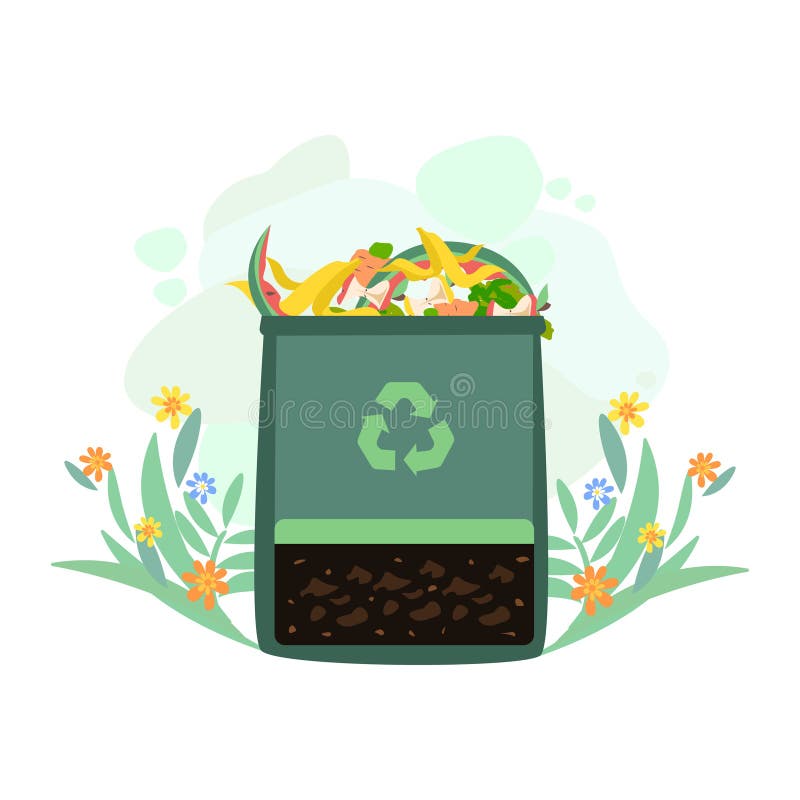 Composition of Filled Compost Bin, Plants, Flowers and Green Background ...