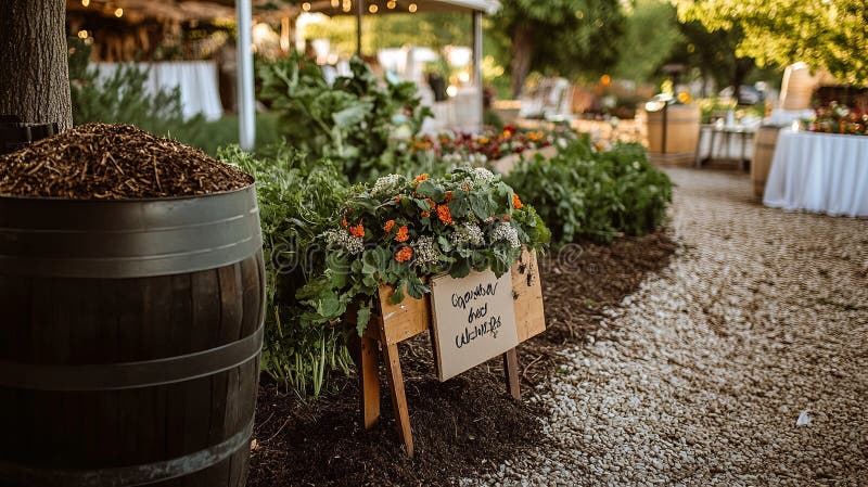 Compost Station with Cute Sign at Eco-conscious Wedding . Stock Photo ...