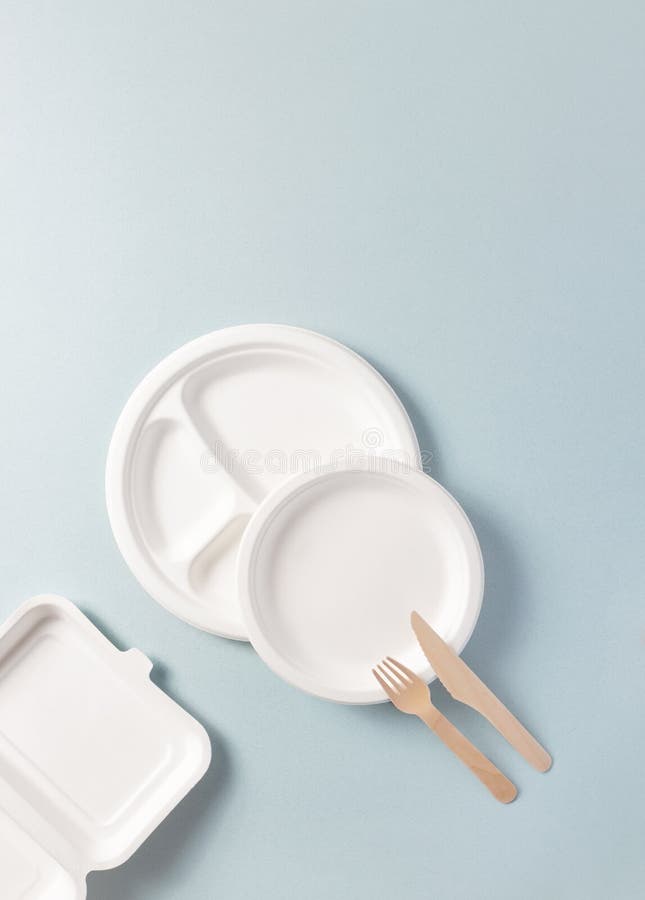 Compostable or Biodegradable Dinnerware Flat Lay Composition, Vertical ...