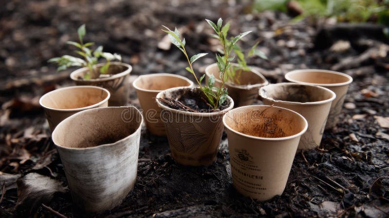 Compostable Coffee Cups Breaking Down in Soil. Recycling of Waste, Zero ...