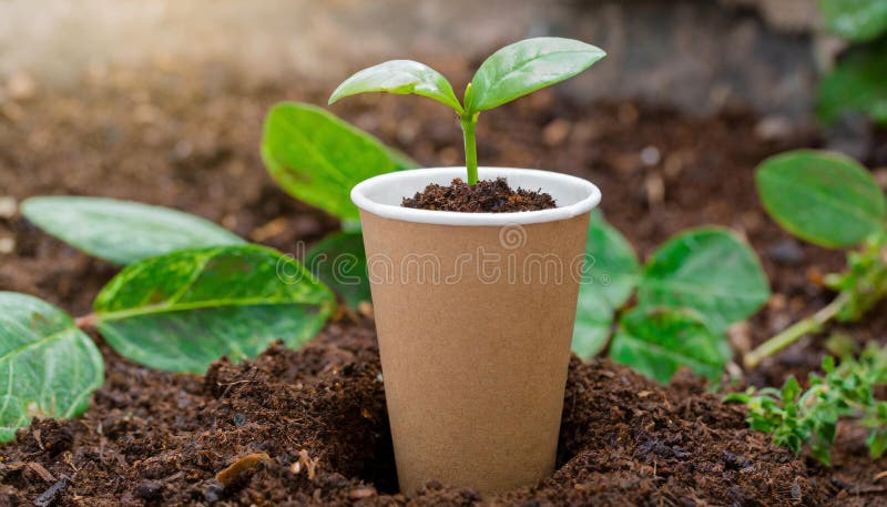 Compostable Coffee Cups - in Ground with Sprout Stock Image - Image of ...