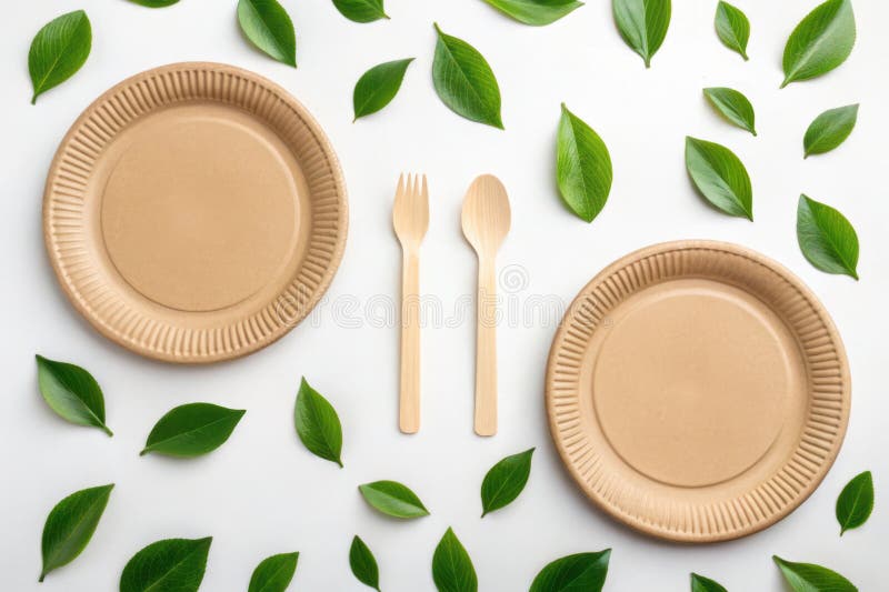 Compostable Tableware Surrounded by Green Leaves for Eco-friendly ...