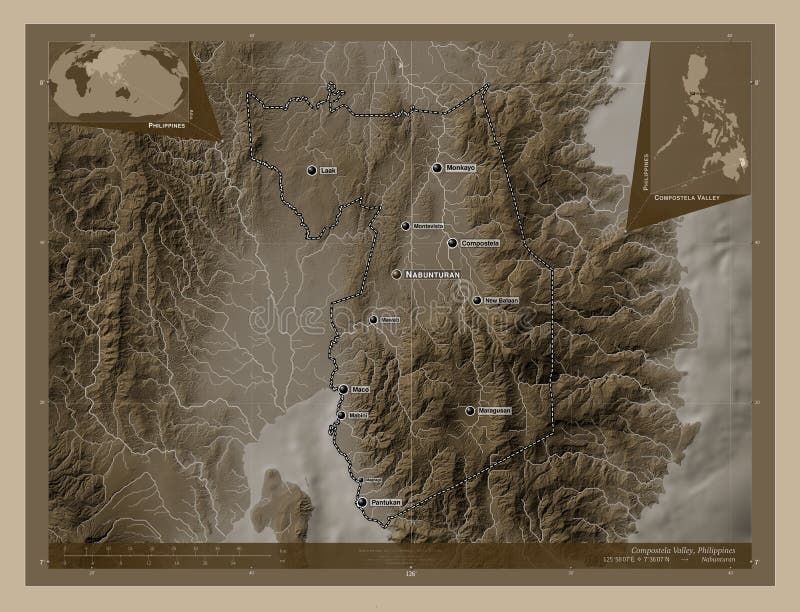 Compostela Valley, Philippines. Sepia. Labelled Points of Cities Stock ...