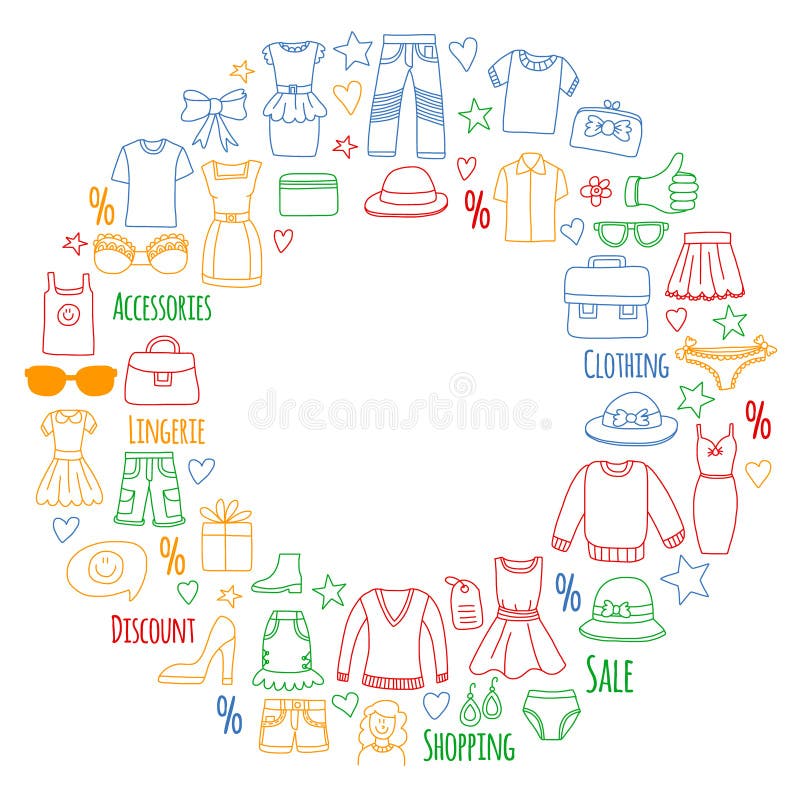 Compras, Mercado, Tienda Ropa E Iconos De La Moda Ilustración del ...