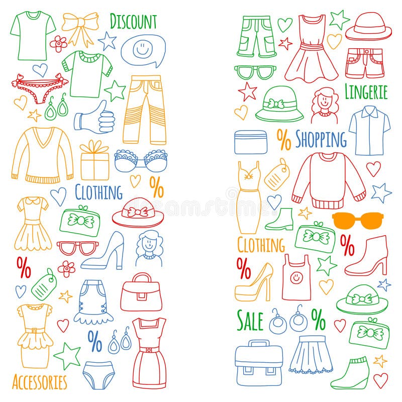 Compras, Mercado, Tienda Ropa E Iconos De La Moda Ilustración del ...