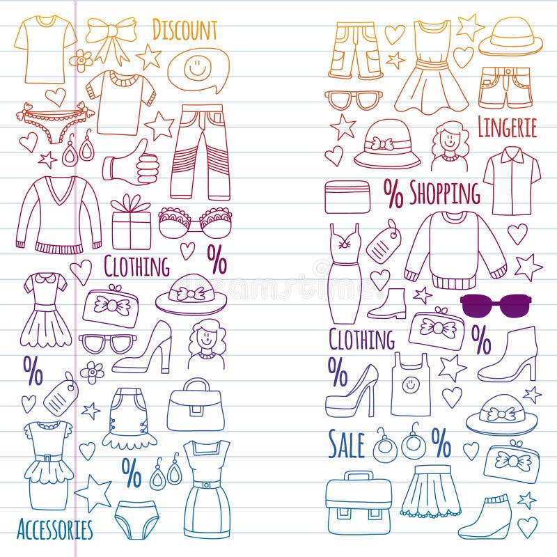 Compras, Mercado, Tienda Ropa E Iconos De La Moda Ilustración del ...
