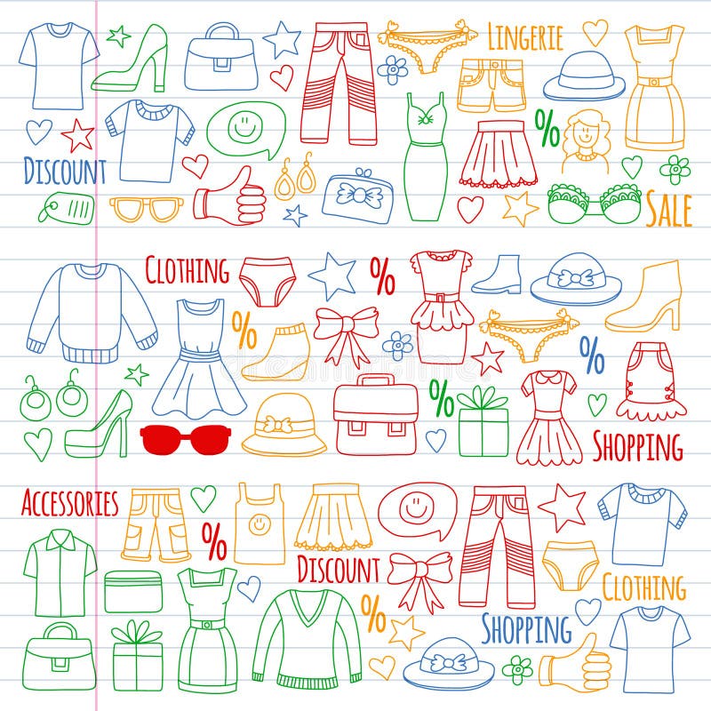 Compras, Mercado, Tienda Ropa E Iconos De La Moda Ilustración del ...