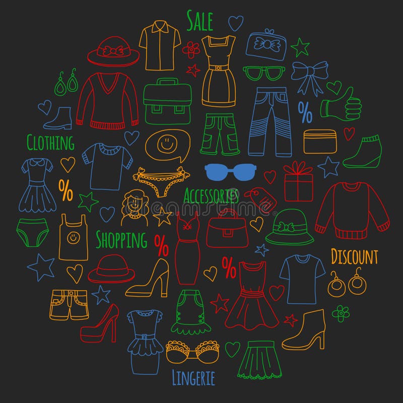 Compras, Mercado, Tienda Ropa E Iconos De La Moda Ilustración del ...