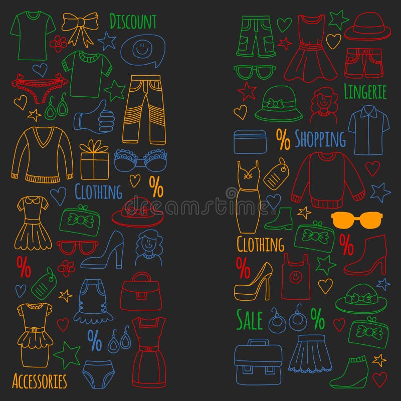 Compras, Mercado, Tienda Ropa E Iconos De La Moda Ilustración del ...