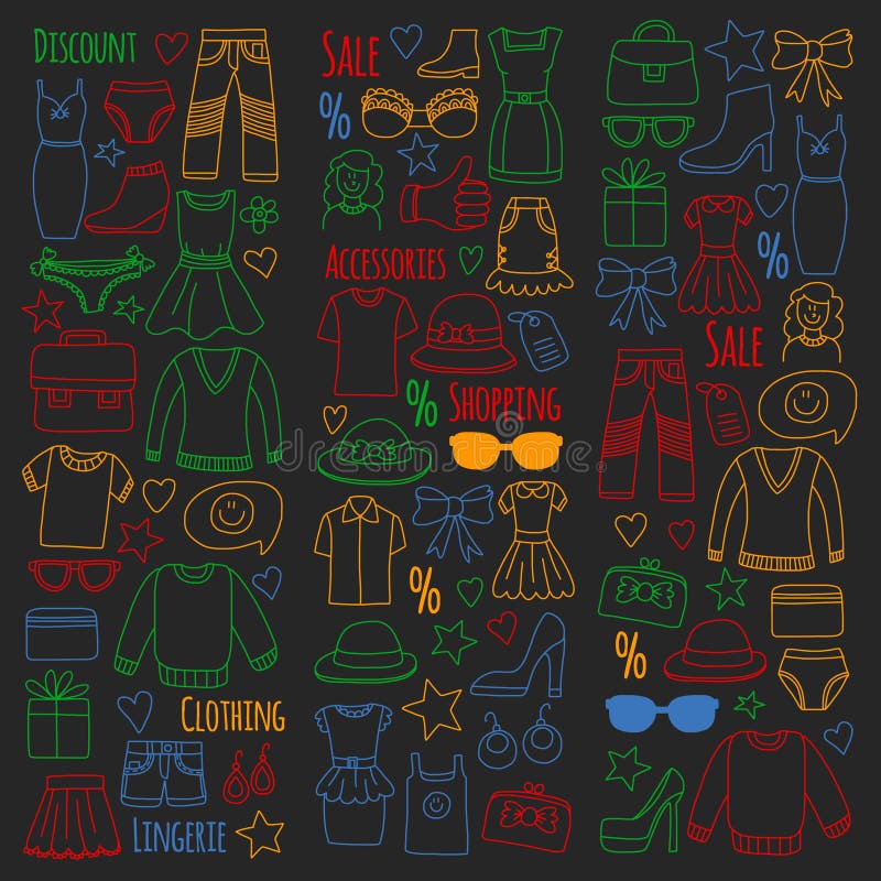 Compras, Mercado, Tienda Ropa E Iconos De La Moda Ilustración del ...