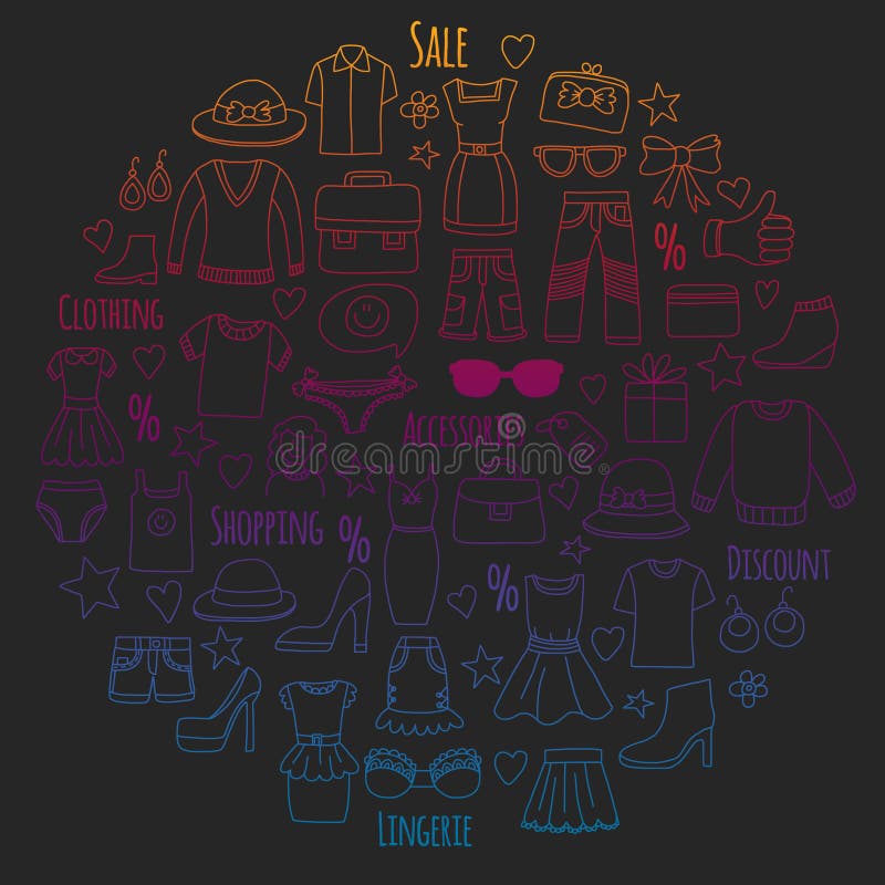 Compras, Mercado, Tienda Ropa E Iconos De La Moda Ilustración del ...