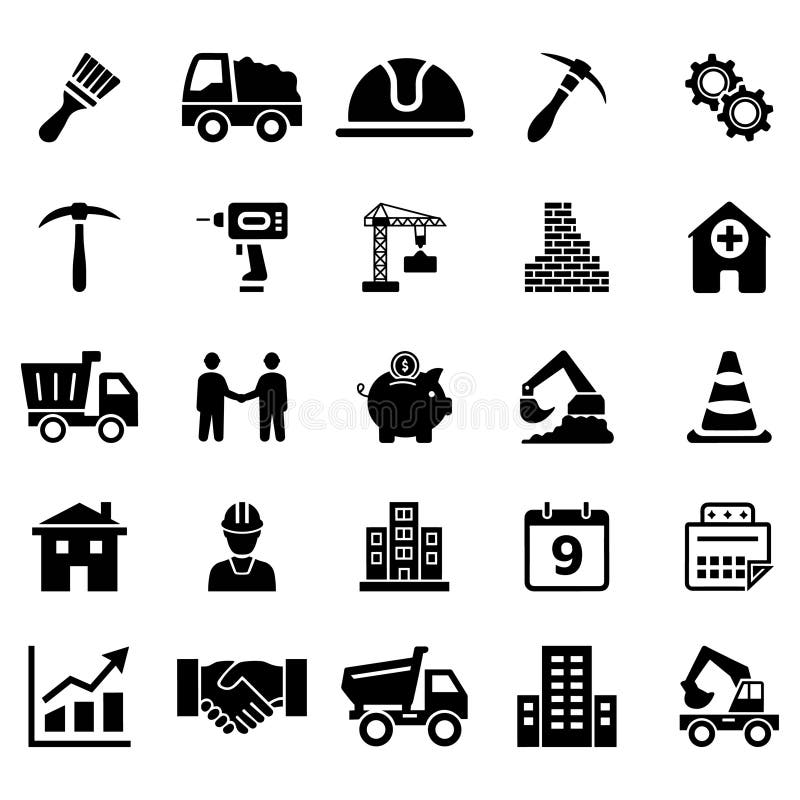 Comprehensive Collection of Black and White Construction Icons Stock ...