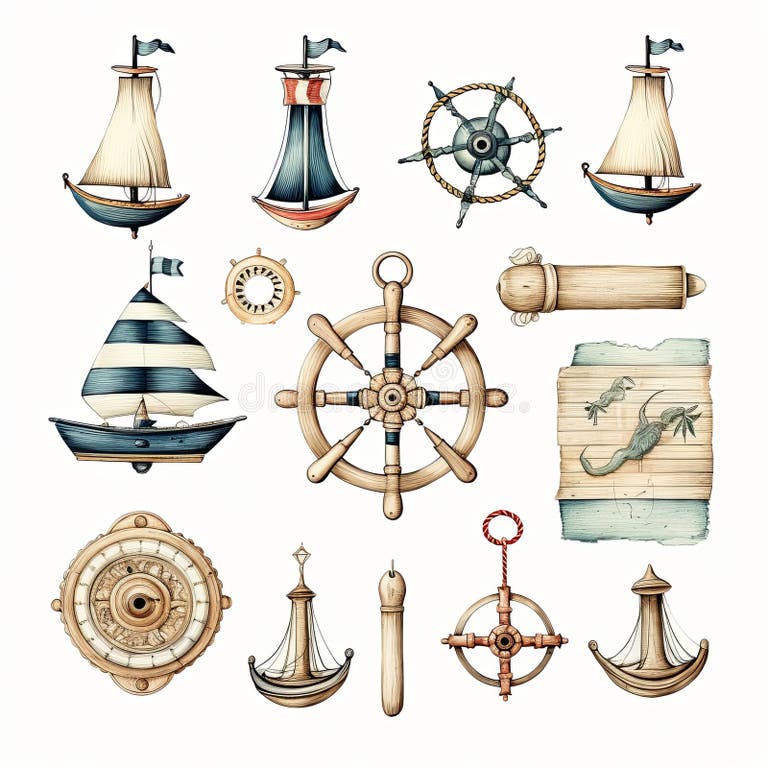 246 Vintage Hand Drawn Nautical Set Stock Photos - Free & Royalty-Free ...