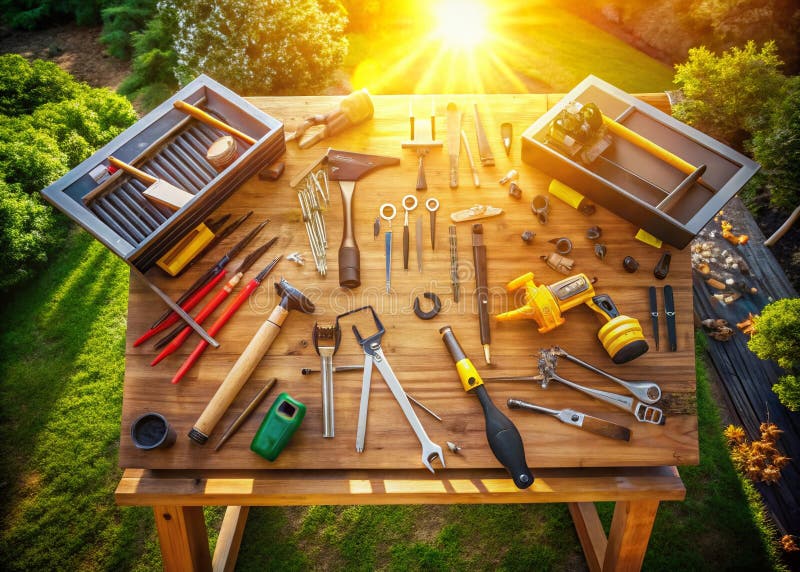 A Comprehensive Collection of Hand Tools on a Workshop Bench an Aerial ...