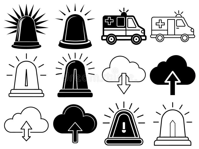 Emergency Alert Icons Siren, Ambulance, Cloud Upload Download Symbols ...