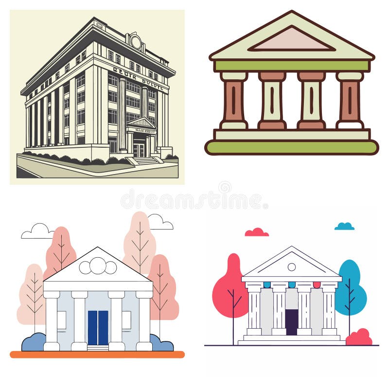 Collection of Vector Illustrations Depicting Diverse Bank Architecture ...