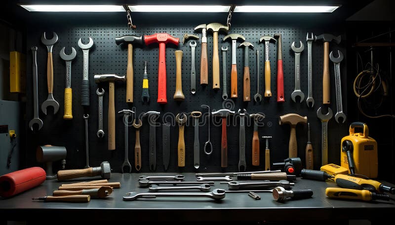 A Comprehensive Display of Hand Tools Including Hammers and Wrenches on ...