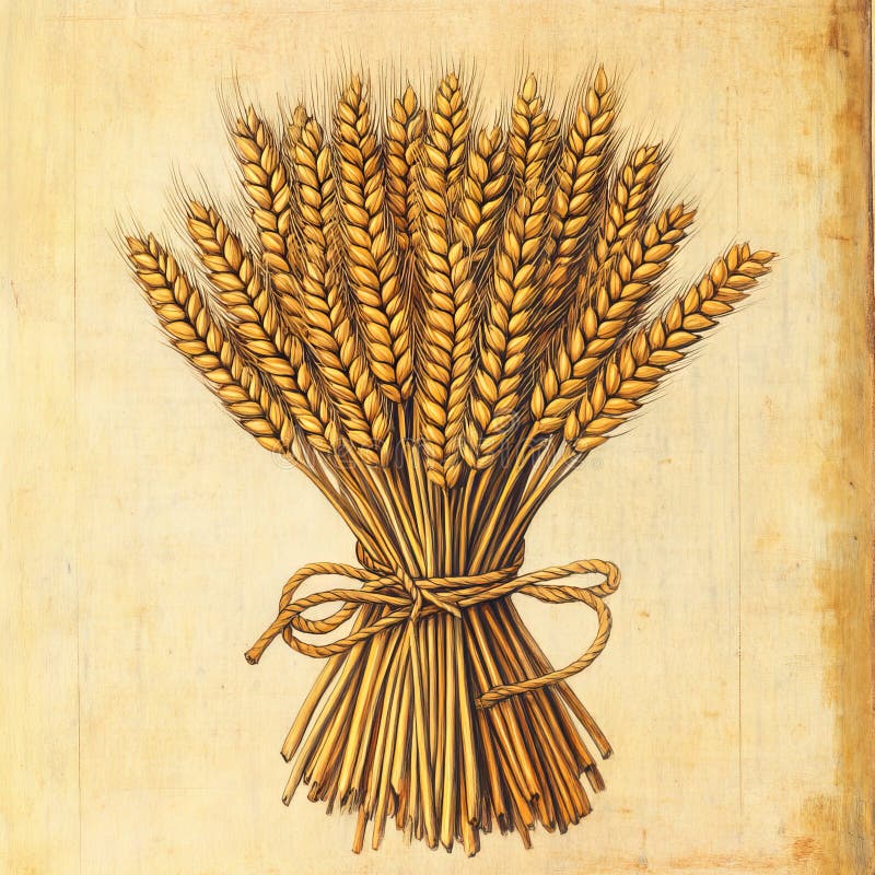 A Comprehensive Drawing of a Bundle of Wheat Secured with a Rope, Set Against a Light Backdrop ...