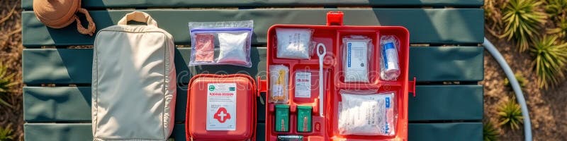 Comprehensive First Aid Kit on Outdoor Picnic Table with Emergency ...