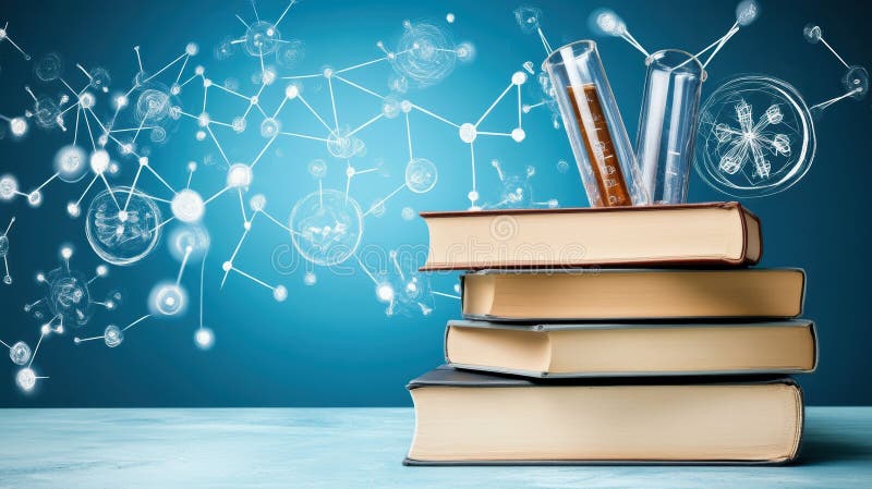 A Comprehensive Guide To Science, Stack of Books with Detailed Atom Diagram Stock Illustration ...