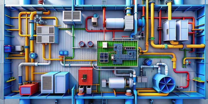 Comprehensive HVAC Infrastructure Schematic a Detailed Overhead View of ...