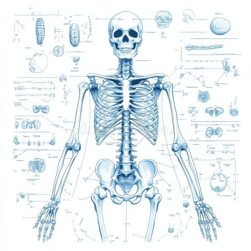 Detailed Anatomical Illustration Showing Human Skeleton and Anatomical ...