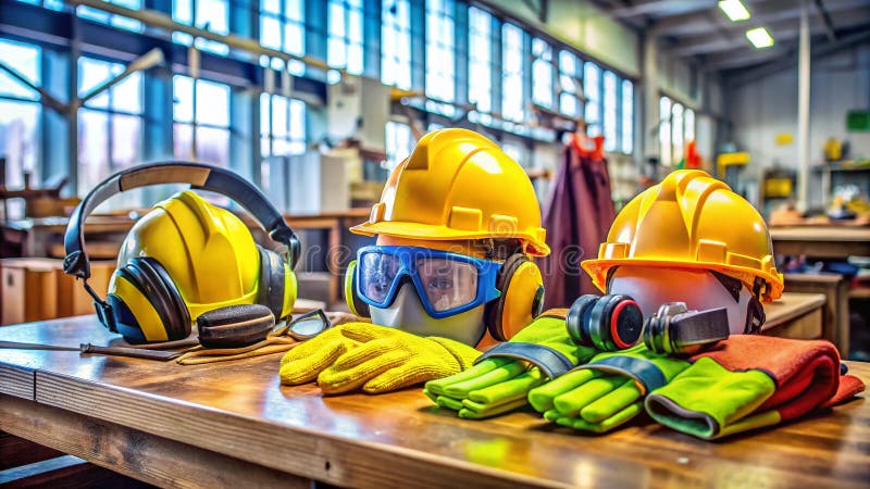 Comprehensive Industrial Safety Gear Setup on Organized Workbench a ...