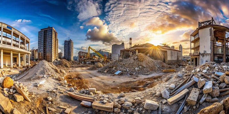 Demolition Site Aftermath Panoramic View of Construction Rubble Debris ...