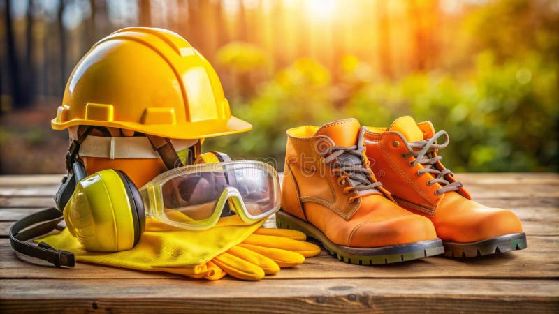 Comprehensive Safety Gear Display on Wooden Table Essential PPE for ...