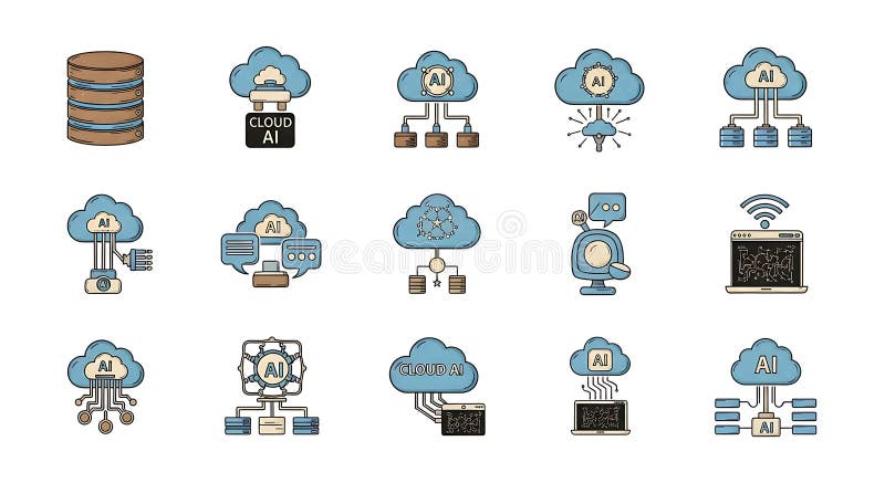 Cloud AI and Machine Learning Technology Icon Set Stock Vector ...