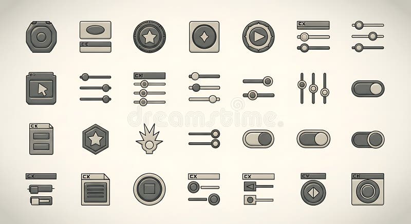 Monochrome Game UI Kit and Icon Set Stock Vector - Illustration of ...