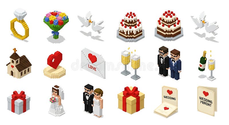 Isometric Pixel Art Wedding Icon Set Stock Vector - Illustration of ...