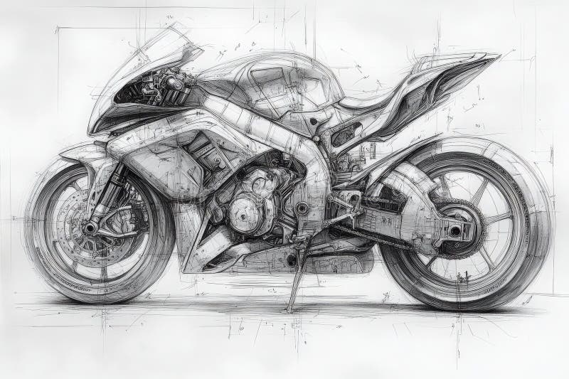Detailed Technical Sketch Design of a Modern Motorcycle with Complex ...