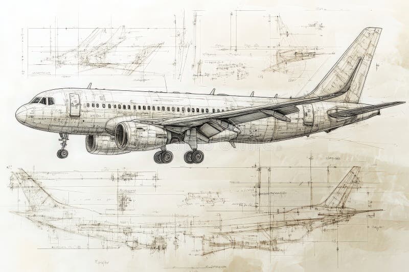 Detailed Technical Sketch of a Modern Aircraft Showcasing Various Views ...