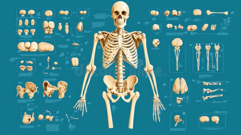 Detailed Anatomical Illustration of Human Skeleton with Labeled Bone ...
