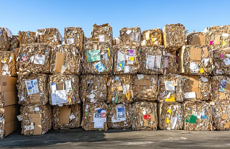 Compressed and Baled Cardboard Piles, Ready for Recycling at a Waste ...