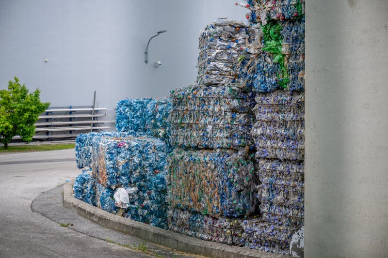 Compressed Plastic Bottles Stacked Outside Recycling Facility in ...