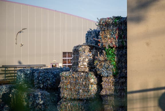 Compressed Plastic Bottles Stacked Outside Recycling Facility in ...