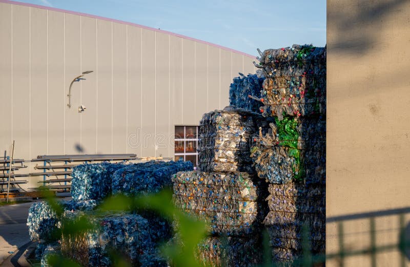 Compressed Plastic Bottles Stacked Outside Recycling Facility in ...